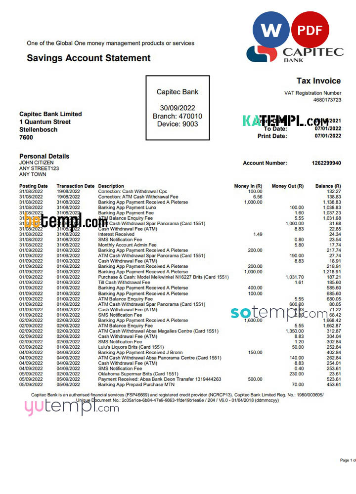 USA Capitec bank statement Word and PDF template