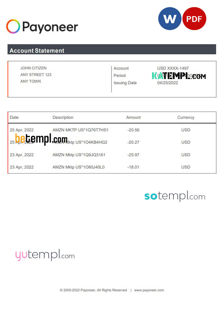 USA Payoneer account statement Word and PDF template