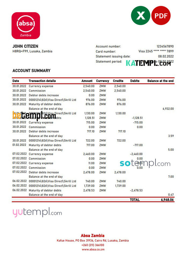 Zambia Absa bank statement, Excel and PDF template