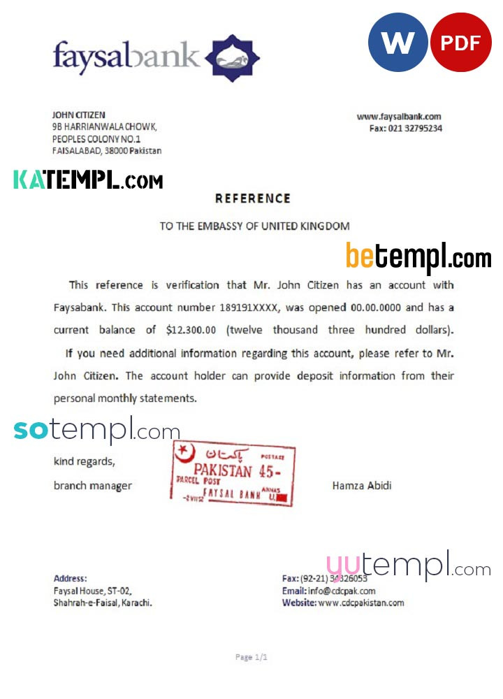 Pakistan Faysalbank bank account reference letter template in Word and ...