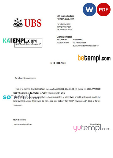 Switzerland UBS bank account closure reference letter template in Word and PDF format
