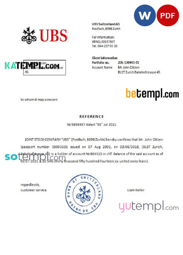 Switzerland UBS bank reference letter template in Word and PDF format