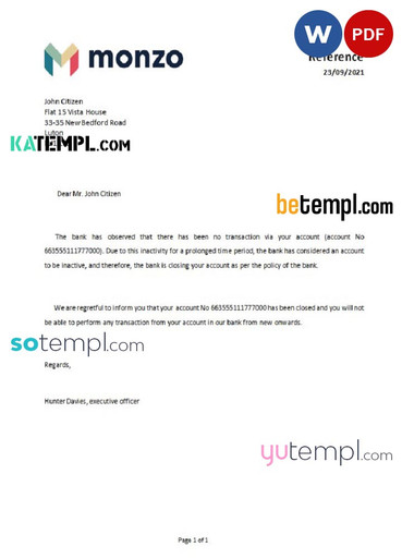 United Kingdom Monzo bank account closure reference letter template in ...