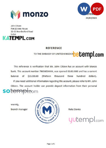 United Kingdom Monzo bank reference letter template in Word and PDF format