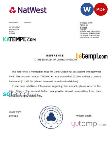 United Kingdom Natwest bank reference letter template in Word and PDF ...