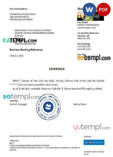 USA BMO bank account reference letter template in Word and PDF format