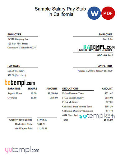 California salary pay stub Word and PDF template