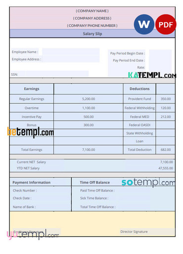 Salary Slip Paystub Word and PDF template