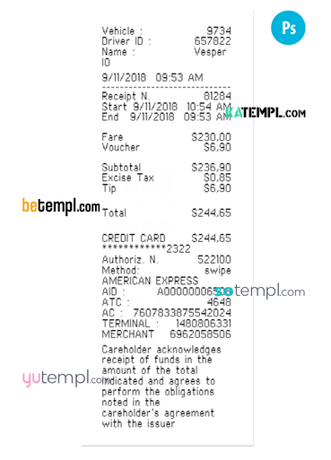 TAXI payment receipt template PSD template