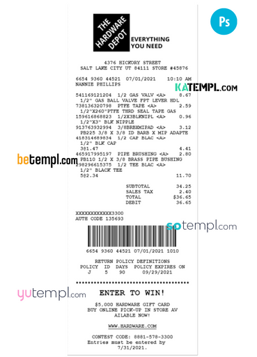 THE HARDWARE DEPOT receipt template PSD template
