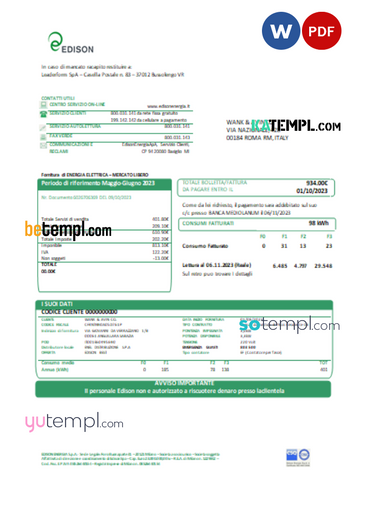 Edison business utility bill, Word and PDF template