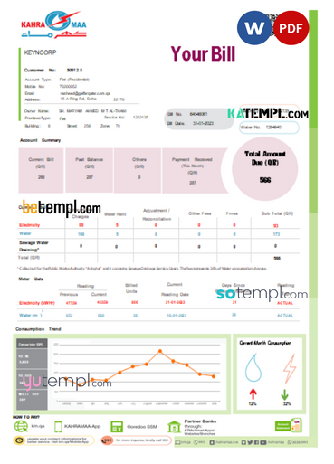 Kahramaa business utility bill, Word and PDF template