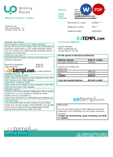 Utility Point business utility bill, Word and PDF template