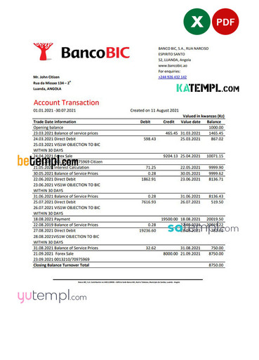 Angola Banco BIC bank statement template in Excel and PDF format