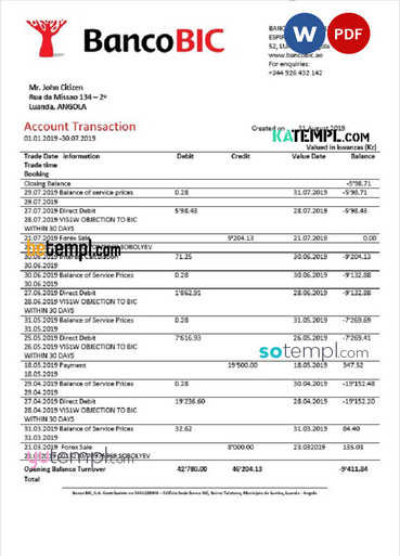 Angola Banco BIC proof of address bank statement template in Word and ...