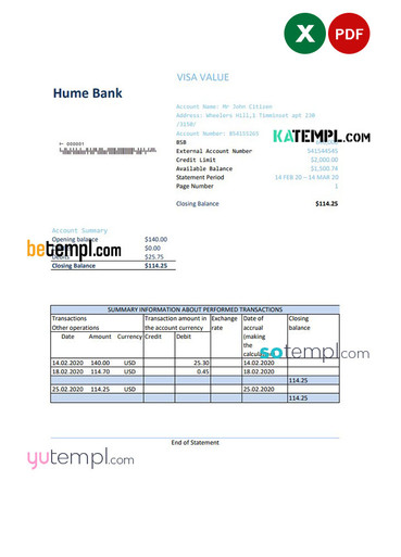 Australia Humebank bank statement easy to fill template in Excel and ...