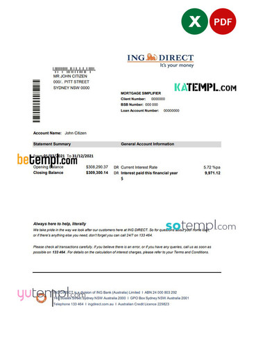 Australia ING Direct bank statement easy to fill template in Excel and ...