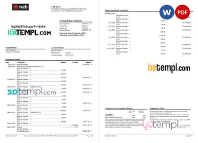 Australia NAB bank statement Word and PDF template, 2 pages