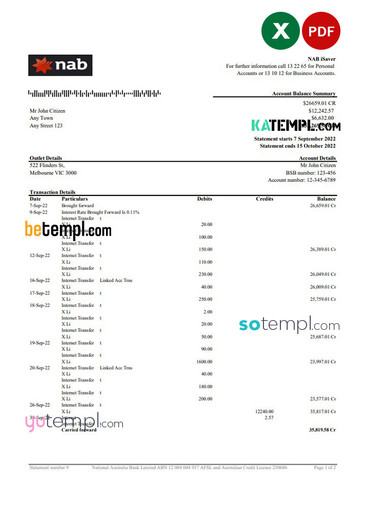 Australia NAB bank statement, Excel and PDF template, 2 pages