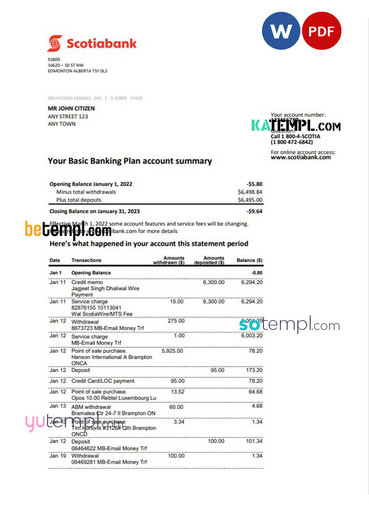 Australia Scotiabank bank statement, Word and PDF template, 2 pages