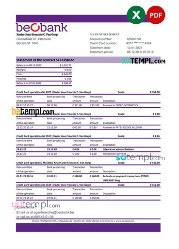 Belgium Beobank bank statement easy to fill template in .xls and .pdf ...