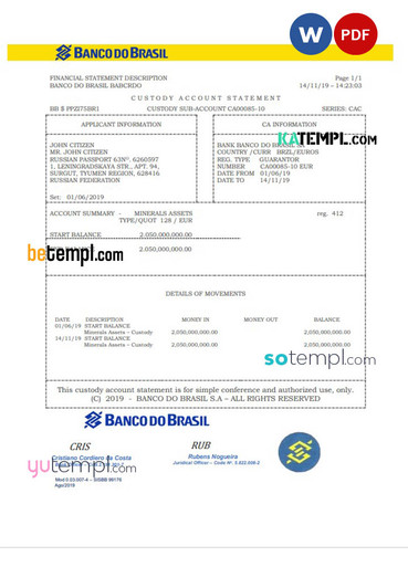 Brazil Banco do Brasil bank statement template in Word and PDF format