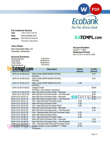 Cameroon Ecobank statement template in Word and PDF format