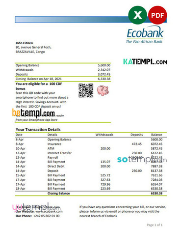 Congo Ecobank bank statement template in .xls and .pdf file format