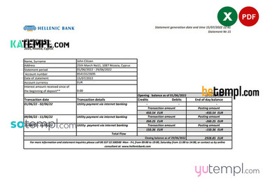 Cyprus Hellenic bank statement Excel and PDF template