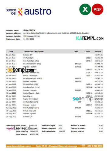 Ecuador Banco del Austro bank statement Excel and PDF template