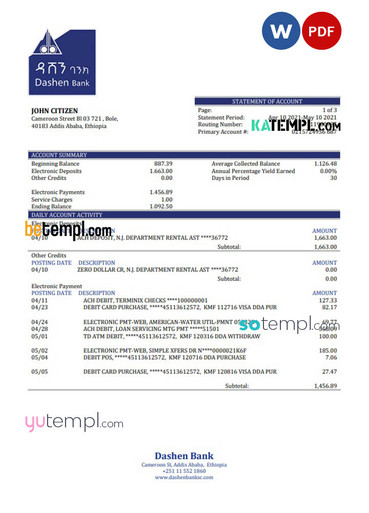 Ethiopia Dashen proof of address bank statement template in Word and ...