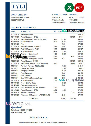 Finland Evli Bank PLC bank statement easy to fill template in Excel and ...