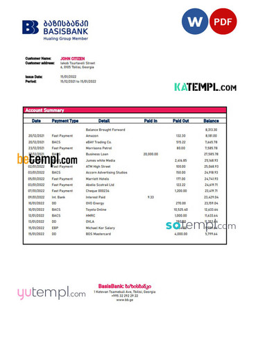 Georgia Basis Bank statement template in Word and PDF format