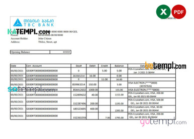 Georgia TBC Bank statement easy to fill template in Excel and PDF format