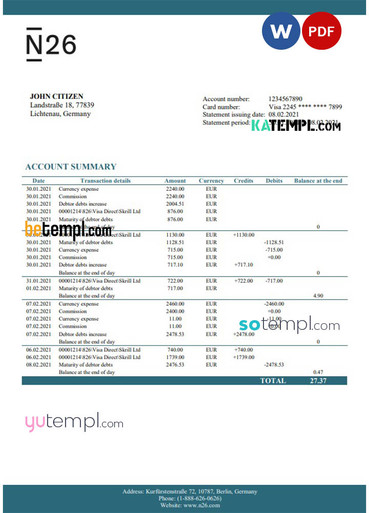 Germany N26 bank statement template in Word and PDF format