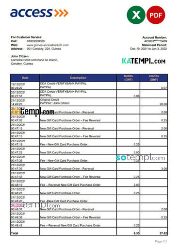 Guinea Access bank statement Excel and PDF template