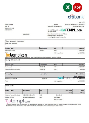 Hong Kong Citibank credit card statement template in .xls and .pdf file format