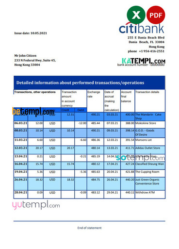 Hong Kong Citibank proof of address bank statement template in Excel ...