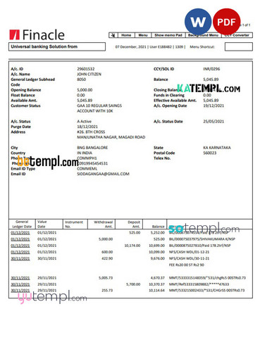 India Finacle bank statement easy to fill template in Word and PDF format