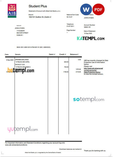 Ireland AIB bank statement template in Word and PDF format