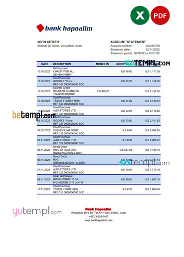 Israel Hapoalim bank statement Excel and PDF template