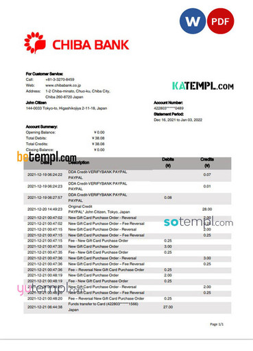 Japan Chiba bank statement template in Word and PDF format
