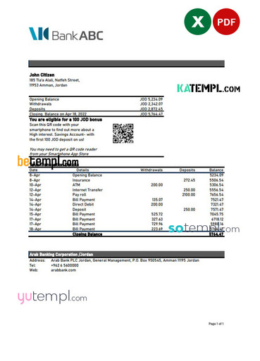 Jordan ABC bank statement Excel and PDF template