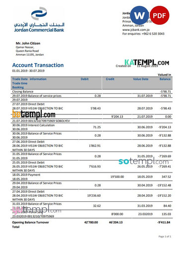 Jordan Commercial Bank statement easy to fill template in Word and PDF ...