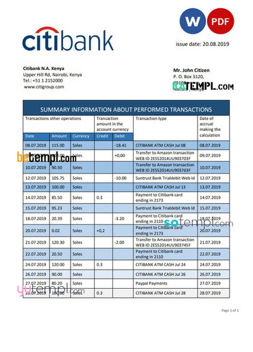 Kenya Citibank bank statement template in Word and PDF format
