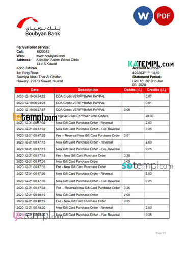 Kuwait Boubyan bank proof of address statement template in Word and PDF format