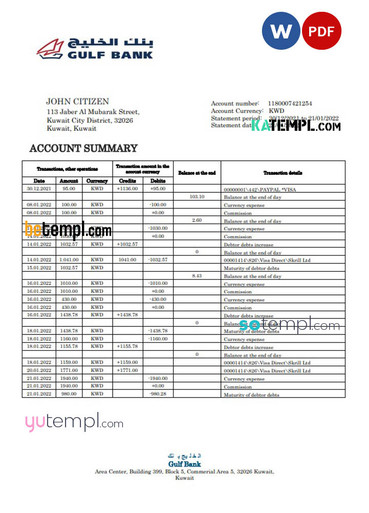 Kuwait Gulf Bank statement template in Word and PDF format