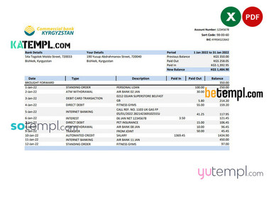 Kyrgyzstan Commercial bank statement Excel and PDF template