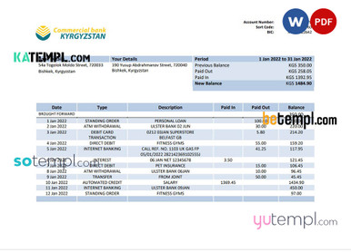 Kyrgyzstan Commercial Bank statement template in Word and PDF format