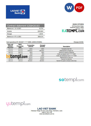 Laos Lao Viet Bank statement template in Word and PDF format